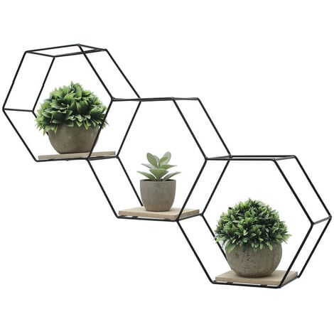 Modern Black Hexagon Wall Shelf with Iron Frame