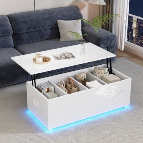 URBAN MEUBLE Table basse relevable blanche brillante avec éclairage LED ...