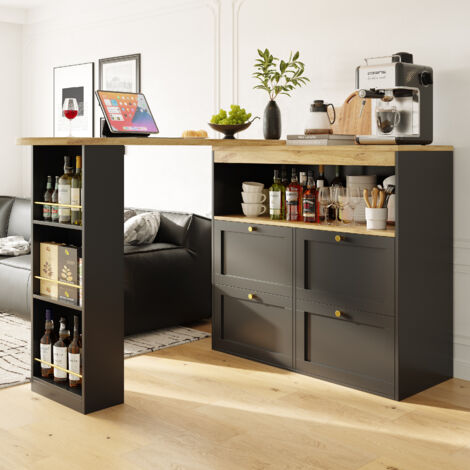 URBAN MEUBLE Table de bar modulable noir et bois pivotante avec étagères et tiroirs 105x39x102cm