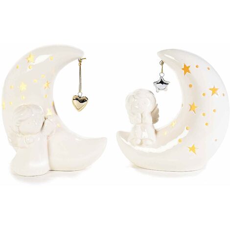 Set da 2 Statuine Natalizie Angeli in Ceramica su Luna Luminosa ...