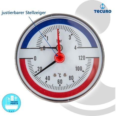 tecuro Ø 80 mm Bi-Metall Thermometer 0 - 120°C Manometer 0-4 bar, 1/2 Zoll, axial, mit Montageventil