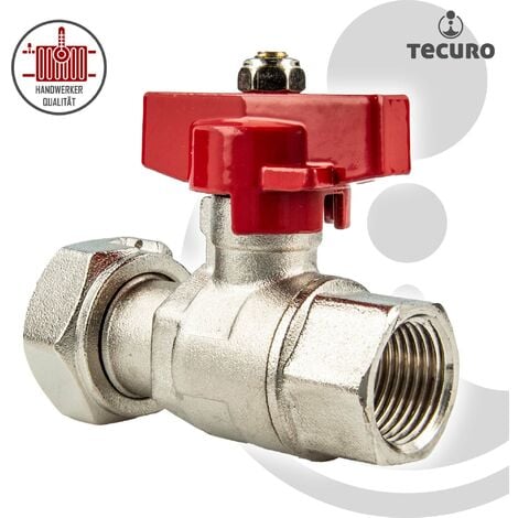 tecuro Kugelhahn mit Überwurfmutter Rp 3/4 Zoll x Innengewinde Rp 1/2 Zoll (DN15), Flügelgriff rot