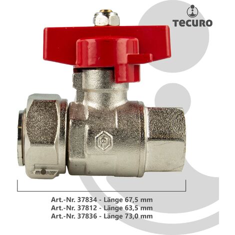 tecuro Kugelhahn mit Überwurfmutter Rp 3/4 Zoll x Innengewinde Rp 1/2 Zoll (DN15), Flügelgriff rot