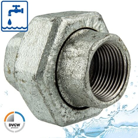 Temperguss-Gewindefitting verzinkt Verschraubung flachdichtend, IG x IG 1 Zoll, Typ 330, DVGW