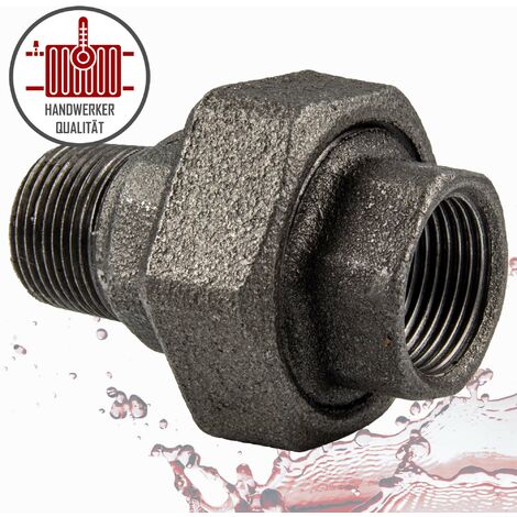 Temperguss-Gewindefitting schwarz Verschraubung flachdichtend, IG x AG 1/2 Zoll, Typ 331, DVGW