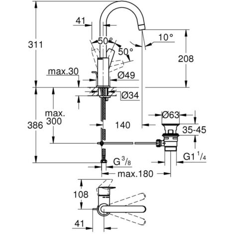Waschtischmischer Grohe BauEdge L-Size, Ausladung 140 mm, mit Zugstange ...