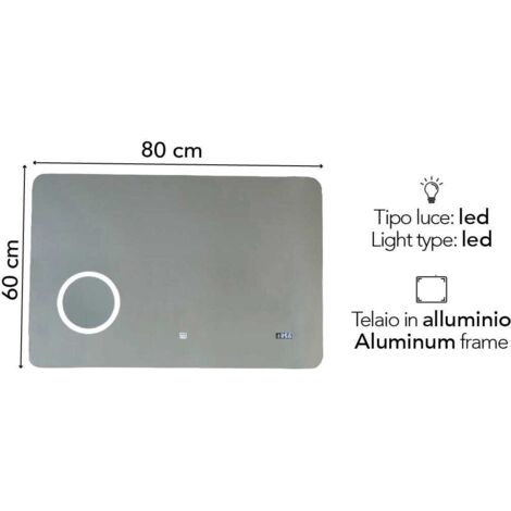 Espejo Led Táctil 80X60 Con Reloj Digital Y Lupa