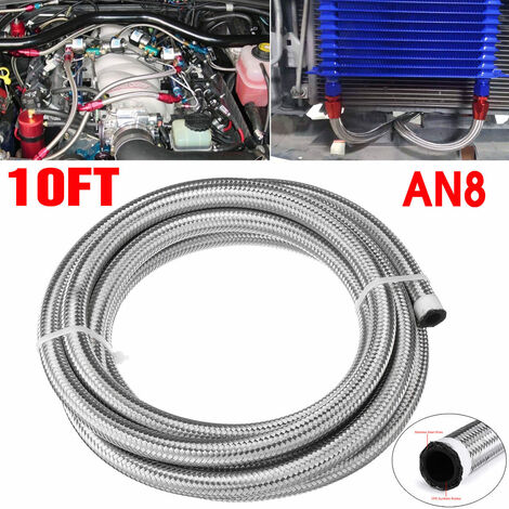 10FT Car Fuel Hose AN8 Braided Stainless Steel Oil Gas Line Hose Silver