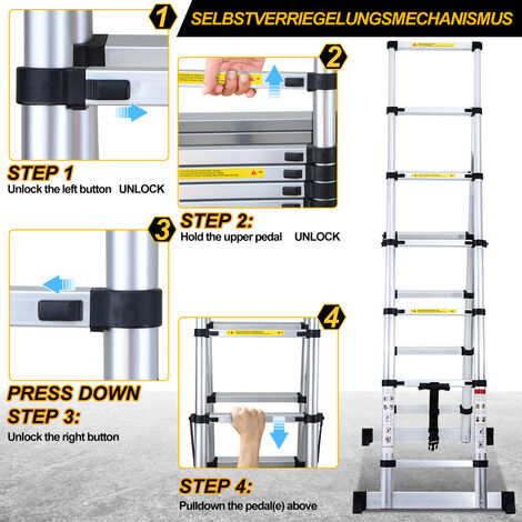 Hengda Echelle Télescopique jusqu'à 150 kg Escabeau stable en aluminium ...