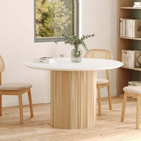 Table ronde 4 personnes en marbre blanc et bois de manguier D120 cm ...