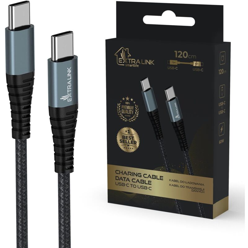 Extralink smart life cable 60w, usb-c à usb-c 120cm, pvc, 5v 2.4a/3a, gris