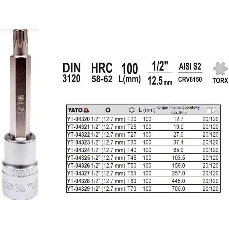 Yato YT-04328 - Socket bit torx 1/2" t60 l100mm