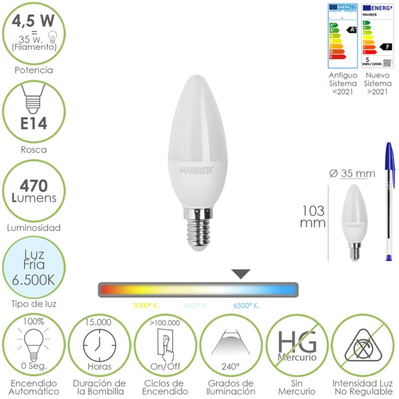 Bombilla Led Vela Rosca E14. 4,5 Watt. Equivale A 30 Watt. 470 Lumenes. Luz Fria (6500º K.)