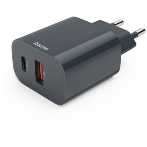 Chargeur rapide, USB-C, USB-A, Power Delivery (PD), 20W, noir