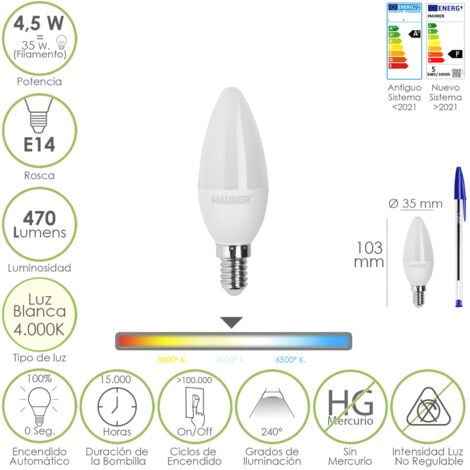 Bombilla Led Vela Rosca E14. 4,5 Watt. Equivale A 30 Watt. 470 Lumenes. Luz Neutra (4000º K.)
