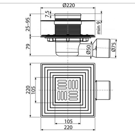 AlcaPlast Bodenablauf 105x105mm DN50 mit Geruchsverschluss Abgang waagerecht APV3344