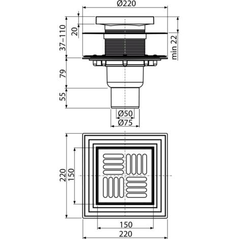 AlcaPlast Bodenablauf 105x105mm DN50 mit Geruchsverschluss Abgang waagerecht APV3344