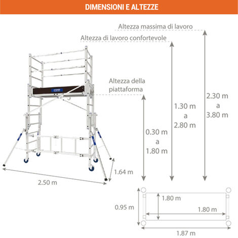 Trabattello con ruote pieghevole - Altezza max. di lavoro 3.80m + Laser ...