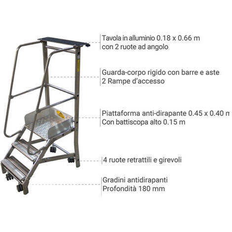 Scaletta con ruote de 3 gradini - altezza massima di lavoro 2.59m - SC3