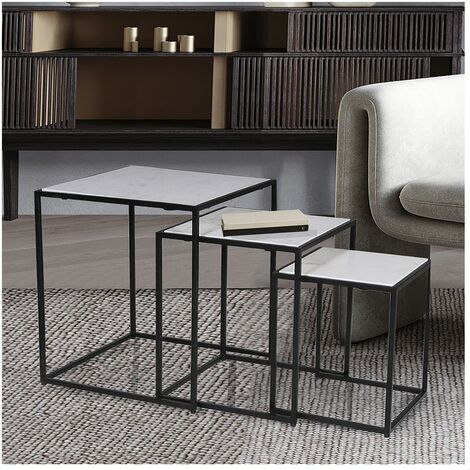 3er-Set Couchtische Marmor PAROS / Gestell schwarz/