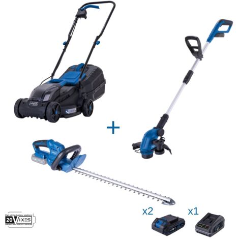 Lawnmower + edge and hedge trimmer + 2 batteries and charger ixes Scheppach