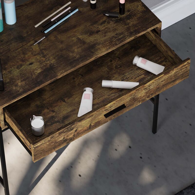 Brooklyn Industrial Dressing Table 1 Drawer Makeup Desk Vanity Set Bedroom Furniture Dark Wood