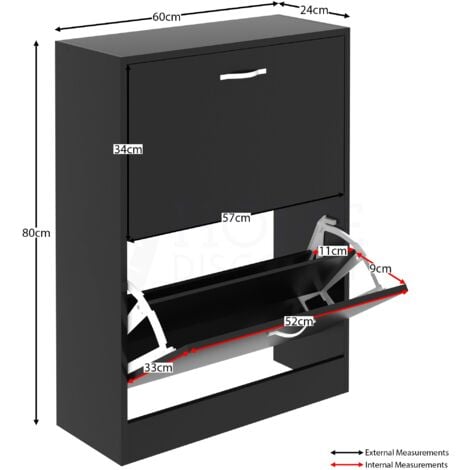 2 Drawer Shoe Cabinet Hallway Storage Cupboard Stand Black