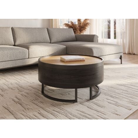 Table basse ronde avec plateau pivotant et rangement en bois et