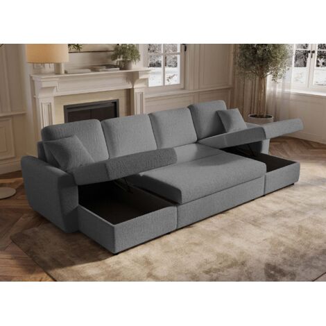 Canapé panoramique convertible 2 coffres de rangement en tissu