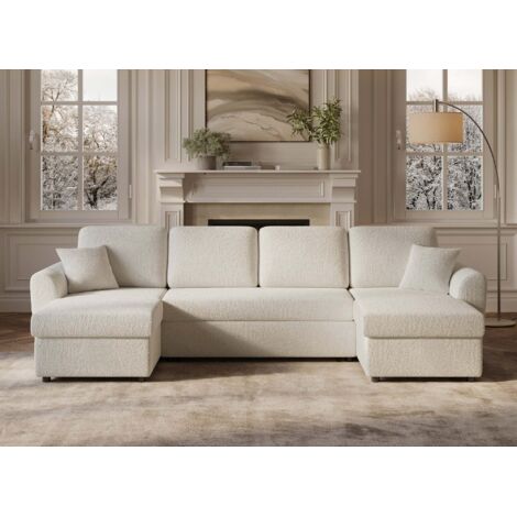 Canapé panoramique convertible 2 coffres de rangement en tissu