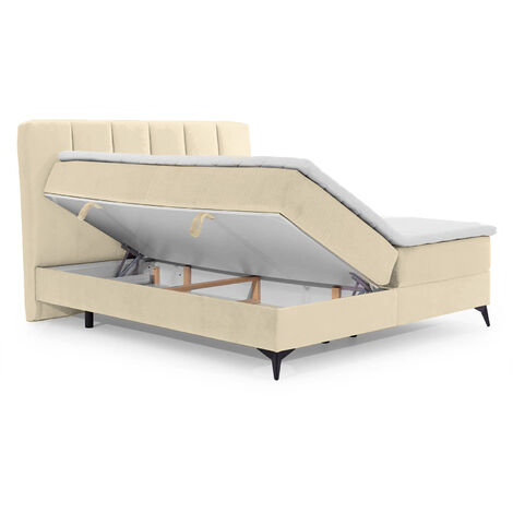 Lit boxspring 160x200 avec coffre de rangement en velours beige ADELE