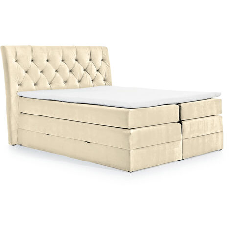 Lit boxspring 180x200 avec coffre de rangement en velours beige MIRANDA