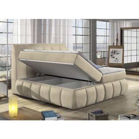Lit boxspring 180x200 avec coffre de rangement en velours beige