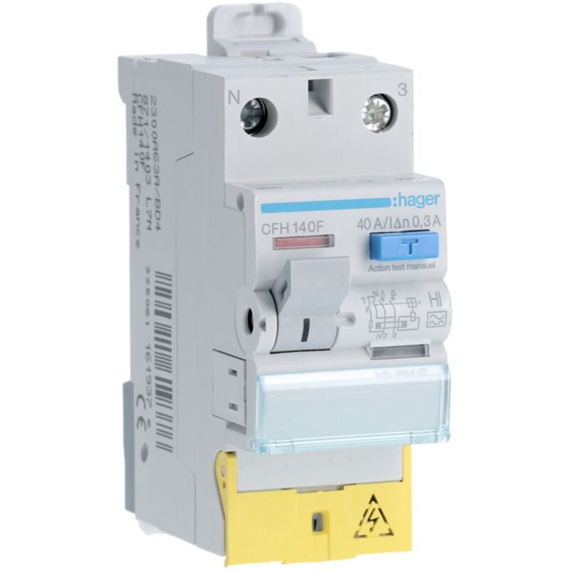 Interrupteur différentiel 1P+N 40A 300mA type haute immunité à bornes décalées HAGER CFH140F