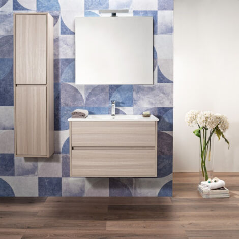 Mobile Bagno Sospeso 100 cm Rovere con Lavabo Specchio e Colonna