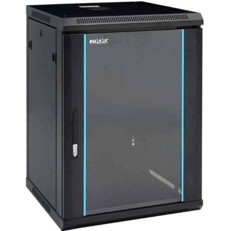 Armadio rack a parete Phasak 18U 600x450, telaio nero, ideale per server e telecomunicazioni ...