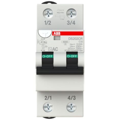 Abb Fehlerstrom und Leitungsschutzschalter 2 Pole 32A 30mA AC Typ 6kA 2 Module DS202CRC32AC30
