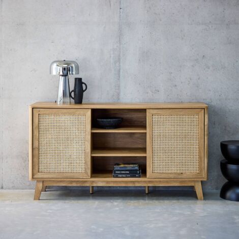 sweeek - Sideboard mit 2 Schiebetüren und Regalen in Holzoptik mit ...