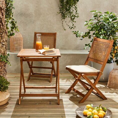 sweeek Klappbarer Bistro Gartentisch Holz 2 Stuhle Rundes Rohrgeflecht Teakfarbenes Holz