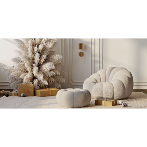 Upholstered Armchair with Ottoman - White Boucle - Rubi White