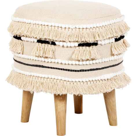 Runder Pouf Hocker - Boho Bali Stil - Juliet Cremefarben