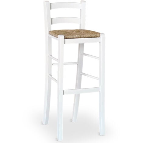 Barhocker aus weißem Holz mit Sitzfläche aus Stroh h 80 cm