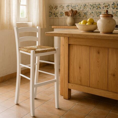 Barhocker aus weißem Holz mit Sitzfläche aus Stroh h 80 cm