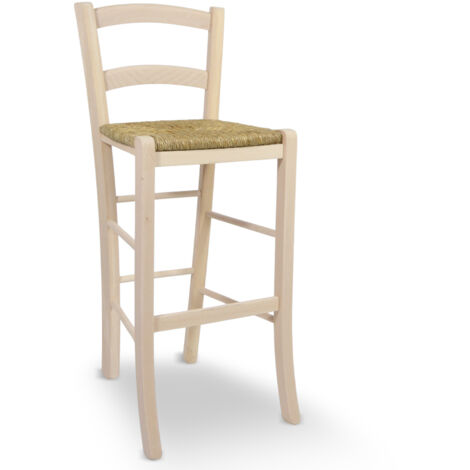 Hocker Venezia aus rohem Holz zum Lackieren h 73 cm mit Sitz aus Stroh
