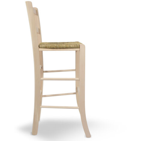 Hocker Venezia aus rohem Holz zum Lackieren h 73 cm mit Sitz aus Stroh