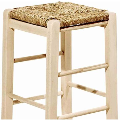 Hocker aus rohem Holz h 67 cm mit quadratischem Sitz aus Stroh und Säbelfuß