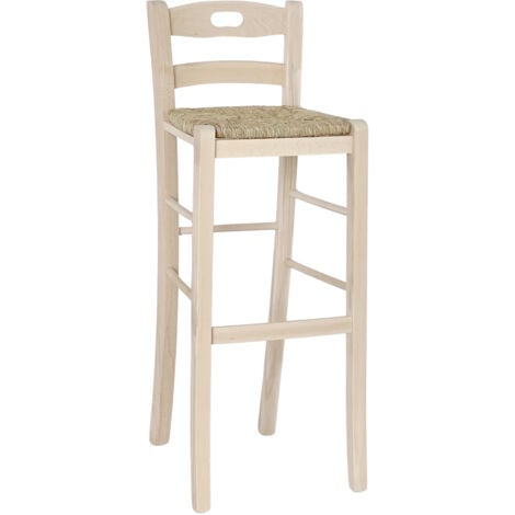 Hocker aus Rohholz mit 80 cm Rückenlehne und Sitzgriff aus Stroh
