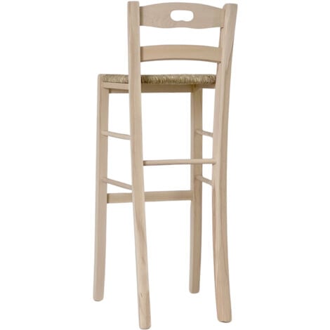 Hocker aus Rohholz mit 80 cm Rückenlehne und Sitzgriff aus Stroh