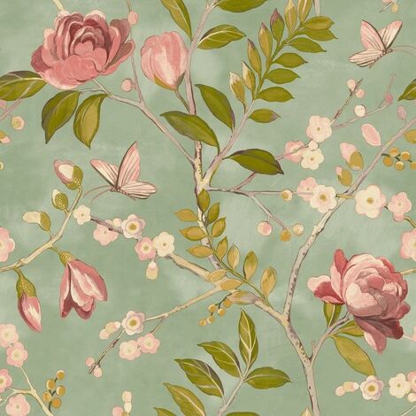 Grandeco Lola Green Wallpaper Floral Flowers Plants Modern Contemporary ...