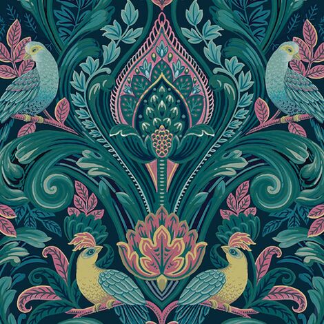 Grandeco Arcadia Pink Wallpaper Birds Leaves Naturistic Textured Paste ...